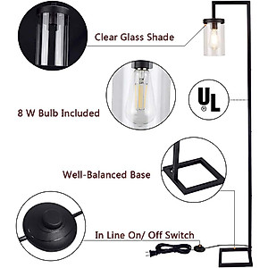 Depuley Industrial Floor Lamp, Modern Metal Standing Lamp with Hanging Glass Shade, Rustic Farmhouse Tall Pole Reading Lighting for Living Room Bedroom Office, 8W LED E26 Bulb Included, Black