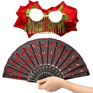2 Pieces Women Rose Flower Hair Clip and Embroidered Sequins Fabric Handheld Folding Fan Hair Accessories for Flamenco Dancer Costume Accessories Girl Halloween Cosplay Party (Red)