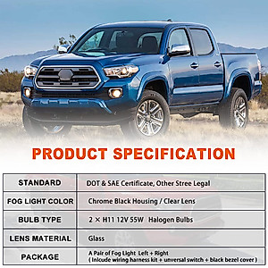 Nixon Offroad Fog Light Set Fit for 2016-2020 Toyota Tacoma SR / SR5 w/Bulb + Black Bezel Cover + Wiring Harness Kit + Universal Switch, Bumper Driving Fog Light Assembly, Fog Lamp Replacement Clear