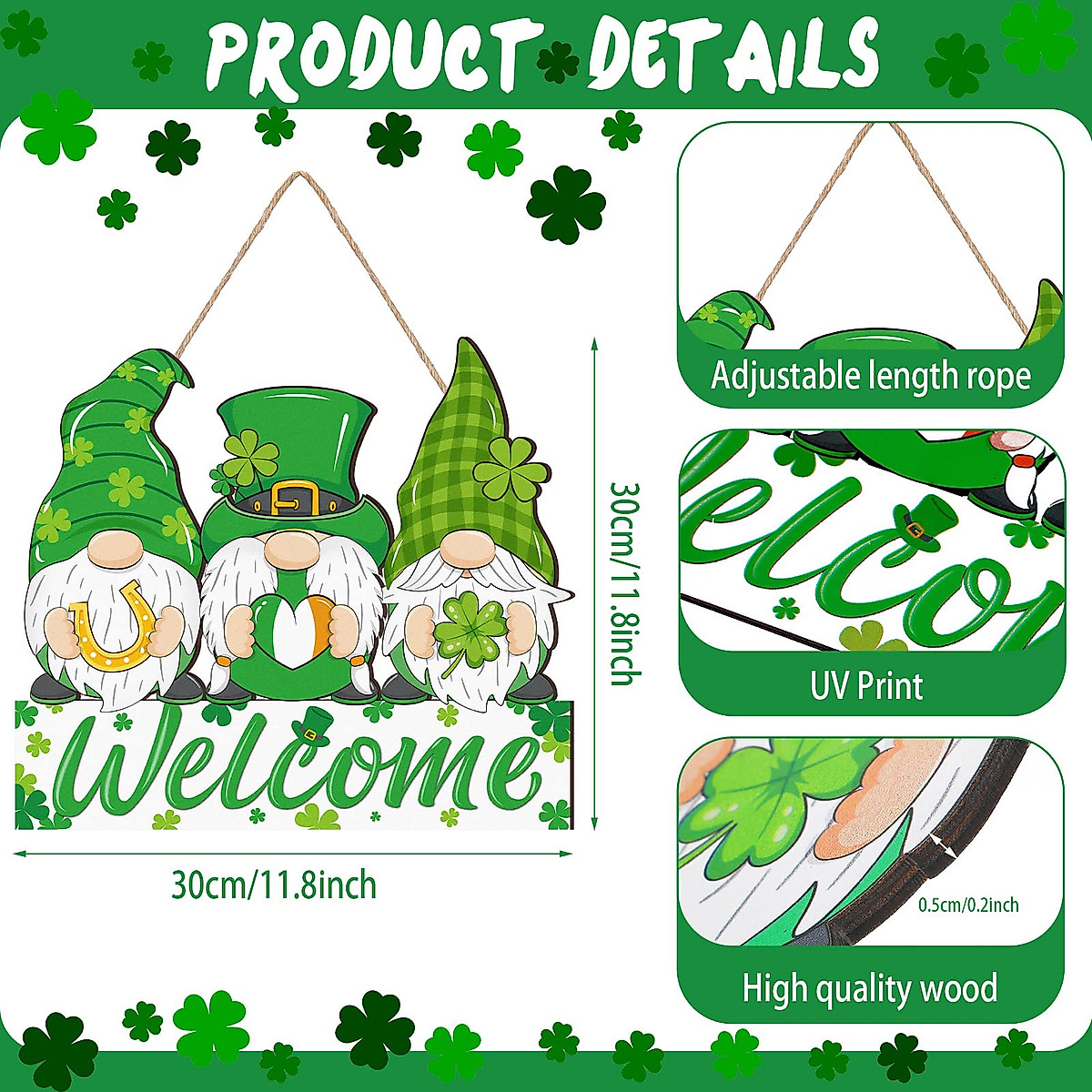 St. Patrick's Day Welcome Door Decor St. Patrick's Day Gnome Door Sign Shamrock Wooden Sign St Patrick's Day Hanging Decorations for Irish Front Door Home Indoor Outdoor Farmhouse Porch Decor