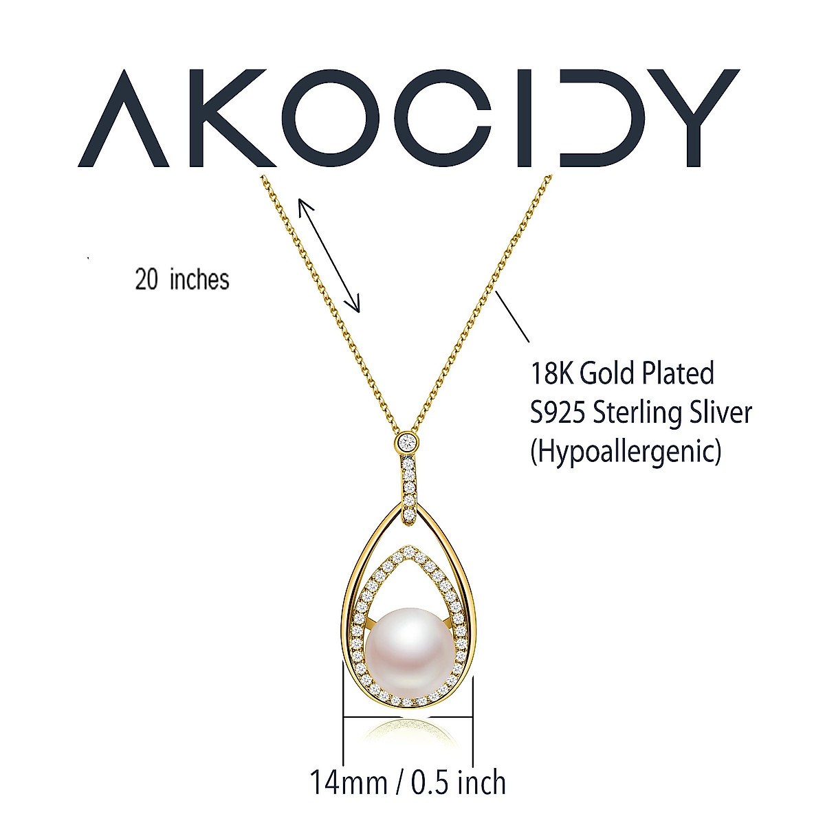 AKOCIDY Genuine Pearl Pendant Necklace 925 Sterling Silver Plated Yellow Gold Necklace (Gold Water Drop Type)