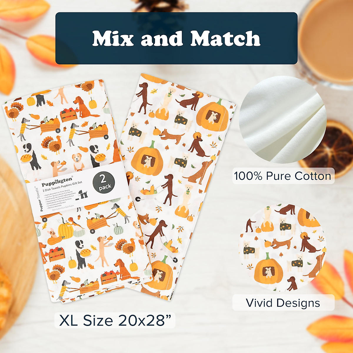 Puppington Dog Kitchen Towels - Thanksgiving Kitchen Towels - Fall Decor Dog Lover Gifts - Dog Thanksgiving Decor Dish Towels - Thanksgiving Tea Towels (Harvest Hounds 2-Pack)