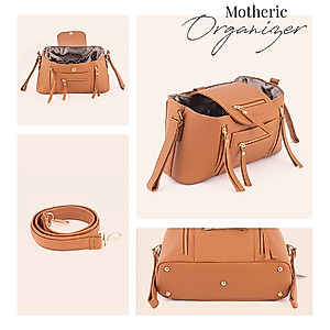 motheric Brown Leather Universal Stroller Organizer Shoulder bag with insulated cup holder, Shoulder strap - Parent console Caddy with strollercup holder