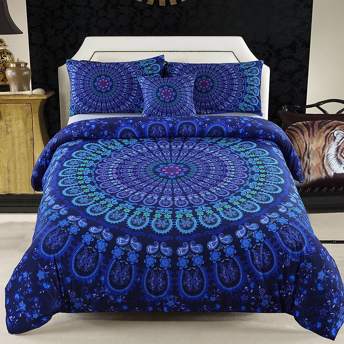 MEILA Duvet Cover Set Luxury Soft Microfiber Bedding Sets Bohemian Mandala Pattern Bedclothes, Queen(90inx 90in), 4 Pieces (1 Duvet Cover+ 2 Pillowcase+ 1 Throw Pillow Case)