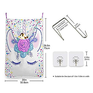 Cream Unicorn Magic Head Door Hanging Laundry Hamper Bag Floral Unicorn Space Saving Wall Large Laundry Basket Storage Dirty Clothes Bags with Bottom Zippers Hooks for Bathroom Bedroom 1 Pcs