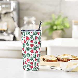 20oz Tumbler Heart Shaped Watermelon Double Wall Vacuum Insulated Coffee Mug with Lid and Metal Straw Brush Reusable Stainless Steel Water Bottle Travel Cup Gifts for Car Ice Drinks Hot Beverage