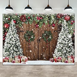 Wollmix Christmas Backdrops for Photography, Winter Rustic Barn Wood Door Photo Background Xmas Eve Tree Snow Banner Family Holiday Party Decoration Supplies Portraits Photo Booth Studio Props 7x5ft