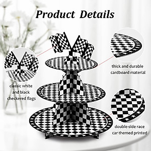 2 Set 3-Tier Race Car Cupcake Stand Round Cardboard Cupcake Tower Race Car Party Decorations Dessert Holder for Kids Boys Two Fast Birthday Baby Shower Black and White Checkered Party Supplies