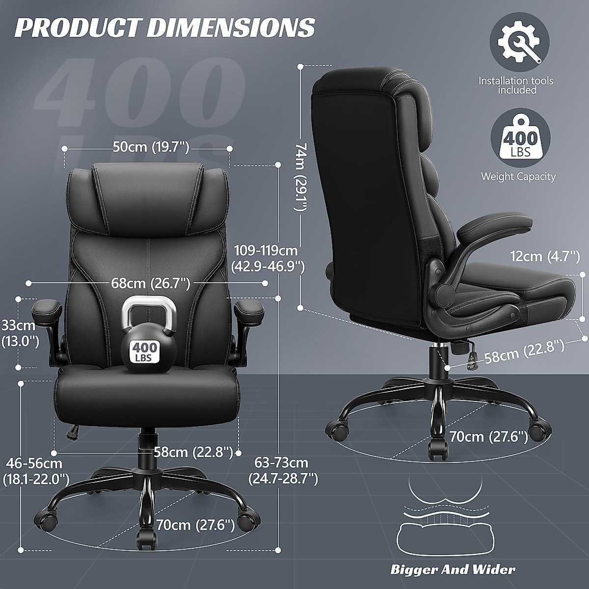 HeroSet Office Chair, Ergonomic Big and Tall Computer Desk Chairs, Executive Breathable Leather Chair with Adjustable High Back Flip-up Armrests, Lumbar Support Swivel PC Chair with Rocking Function