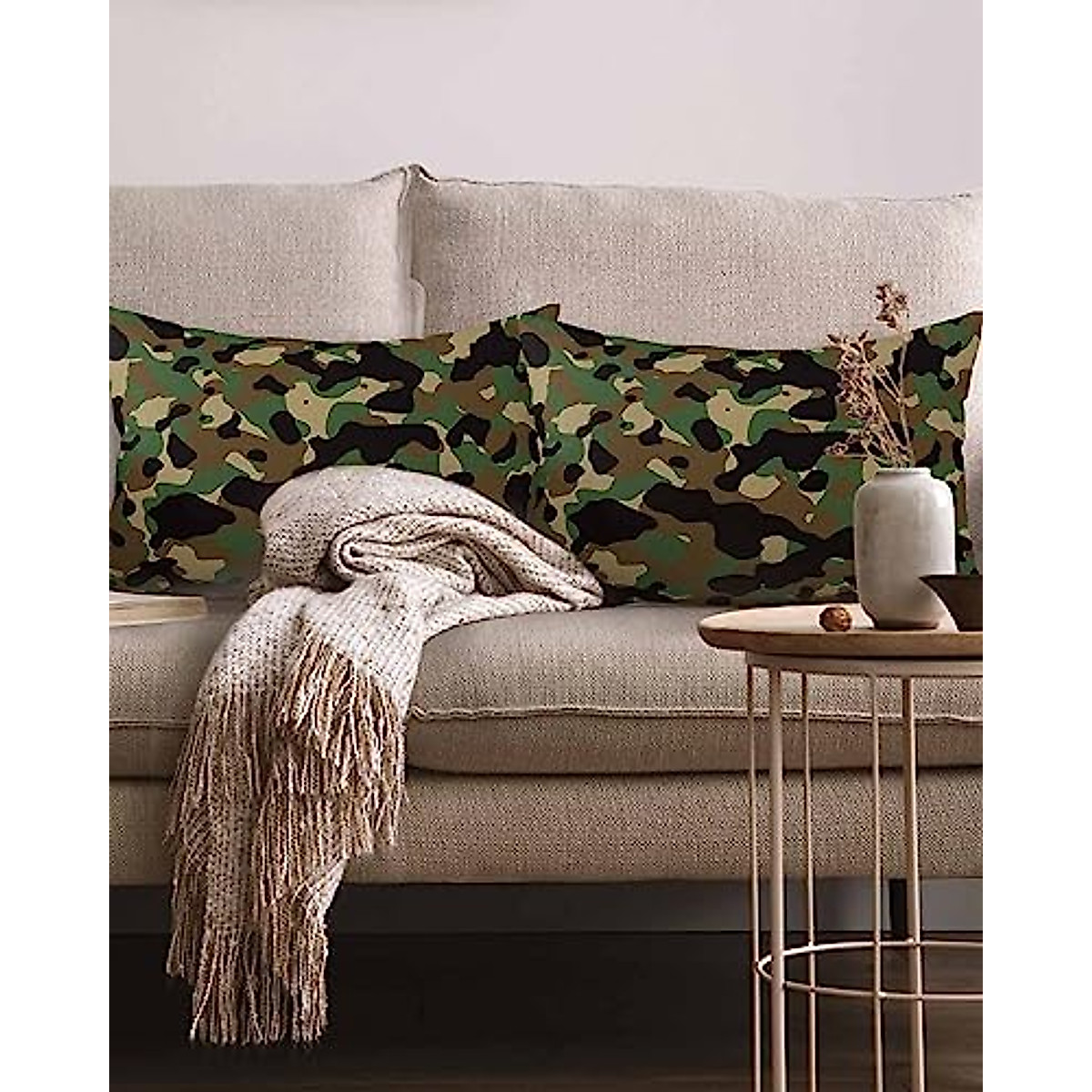 zzsunfeel Pillow Cases Linen Pillow Shams Camo Pillow Cases Set of 2 12x20 Inches Pillowcases Rectangle Cushion Covers Flax Soft Linen Pillow Covers for Couch Sofa