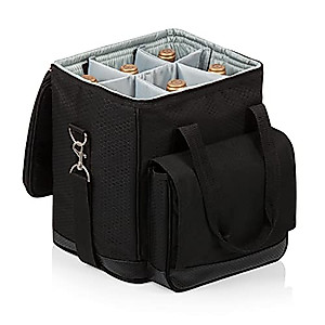 PICNIC TIME Cellar 6-Bottle Wine Carrier & Cooler Tote, Insulated Padded Wine Cooler Bag for Travel, Portable Water-Resistant Wine Bag, (Black with Gray Accents)
