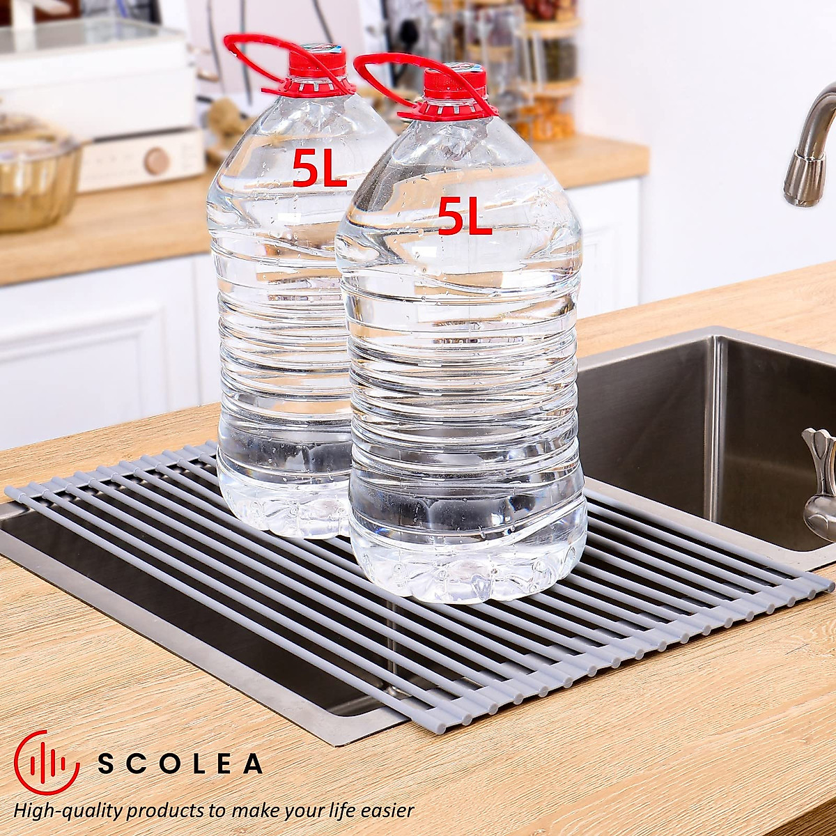 SCOLEA Roll Up Dish Drying Rack Over The Sink, Medium 17.1”x13.1” Heavy Duty, Multipurpose Roll-Up Foldable Silicone Coated Collapsible Drainer for Kitchen Sink (Warm Gray, Medium 17.1”x13.1”)