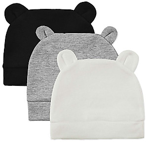 Exemaba Newborn Hats - Cute Infant Girls Boys Bear Ears Hospital Cap Unisex Baby Accessories for 0-3 Months(Black&White&Grey)