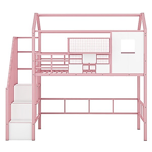 Favfurish Twin Size Metal Loft Bed with roof Design and a Storage Box,House Shaped Stairway Metal Bedframe w/Guardrail & Roof Design, for Kids Boys Girls Bedroom, Pink