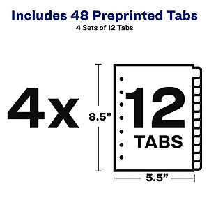 Avery A-Z Dividers, 12-Tab Sets, 8-1/2" x 5-1/2", 4 Binder Divider Sets (43131)