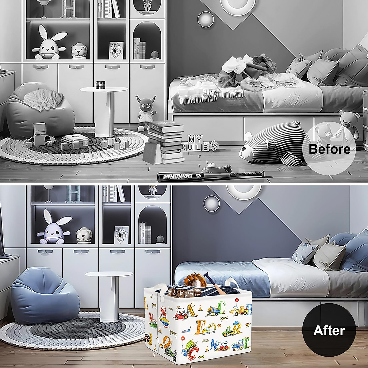 Clastyle Large Alphabet Construction Car Book Shelf Basket Collapsible Rectangle Excavator Ambulance Monster Truck Boy Bin Clothes Toy Car Storage Basket for Kids Room Nursery