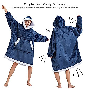 Ashago Wearable Blanket Hoodie for Adult Oversized Sherpa Blanket Sweatshirt Hoodie with Sleeves and Giant Pocket Gifts for Women Men（Blue）