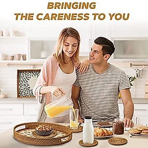 GaiaMade Large Rattan Mother of Pearl Inlay Serving Tray with 5 Coasters (1 Large, 4 Small), Coffee Serving Tray Set, Wicker Serving Tray for Coffee Table, Breakfast and Decoration, Oval Dark Blue