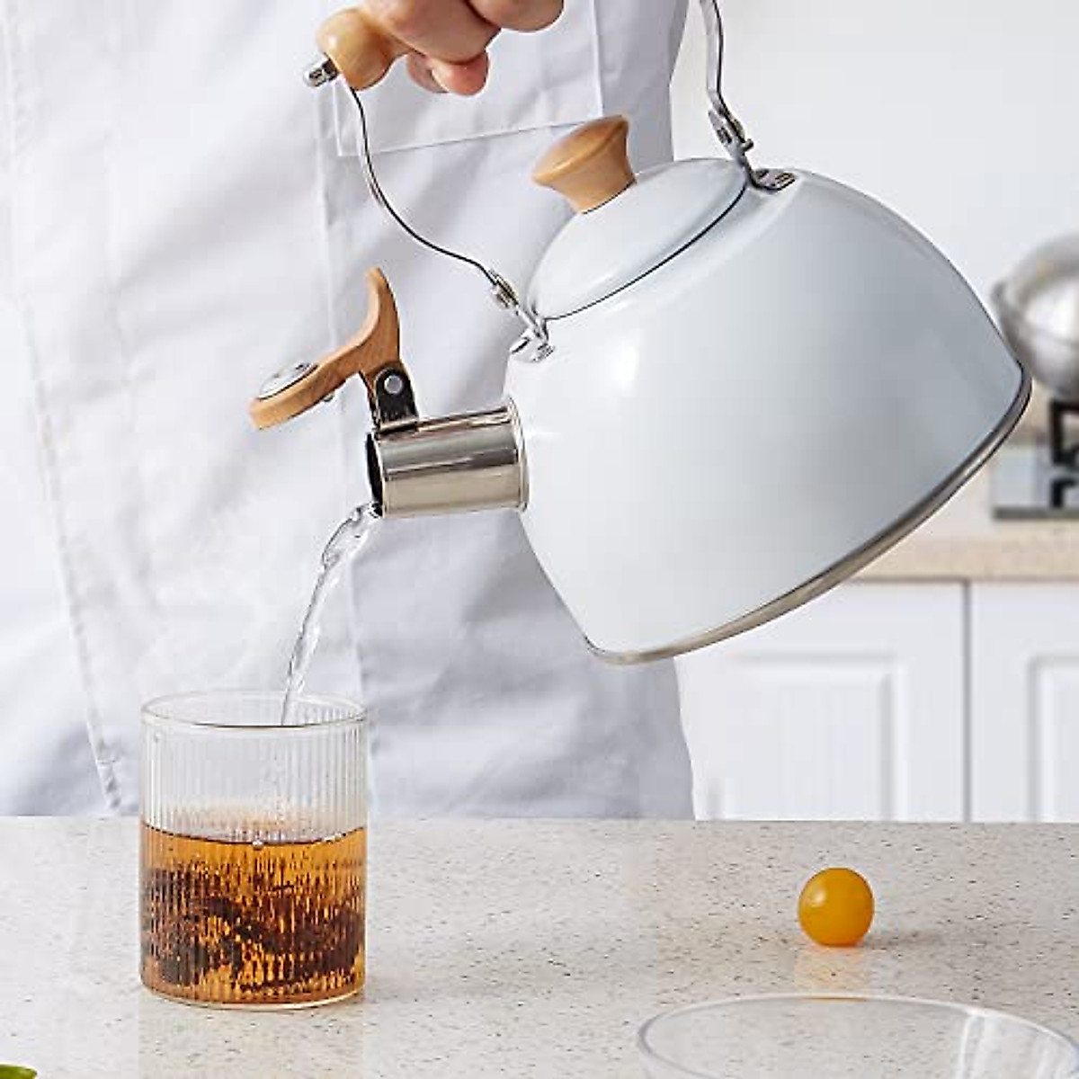 ROCKURWOK Whistling Tea Kettle, 1.6 QT / 50 OZ, White Teapot, Universal Base for Induction | Gas | Electric | Halogen | Radiant, Wooden Handle, Vintage