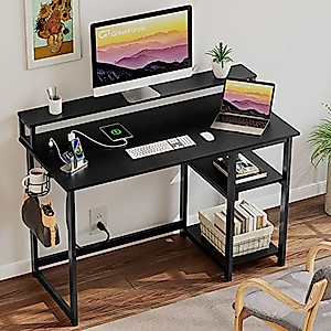 GreenForest Computer Desk with USB Charging Port and Power Outlet, Reversible Small Desk with Monitor Stand and Storage Shelves for Home Office, 40 in Work Desk with Cup Holder Hook, Black