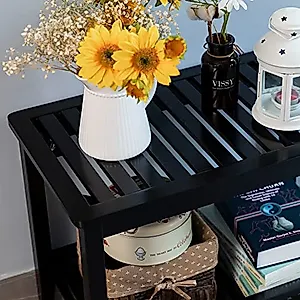 Zoopolyn Bamboo Shower Bench Stool with Storage Shelf Shower Bath Seat for Shaving Legs Waterproof in Bathroom & Inside Shower Black