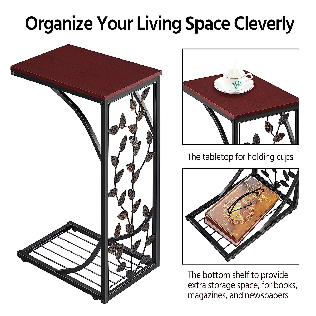 Yaheetech C Shaped End Table Set of 2 Sofa Side Tables for Living Room, Couch Tables Small Coffee Tray Snack Tables Slide Under Sofa with Elegant Leaf Design, Bronze Metal Frame and Wooden Tabletop