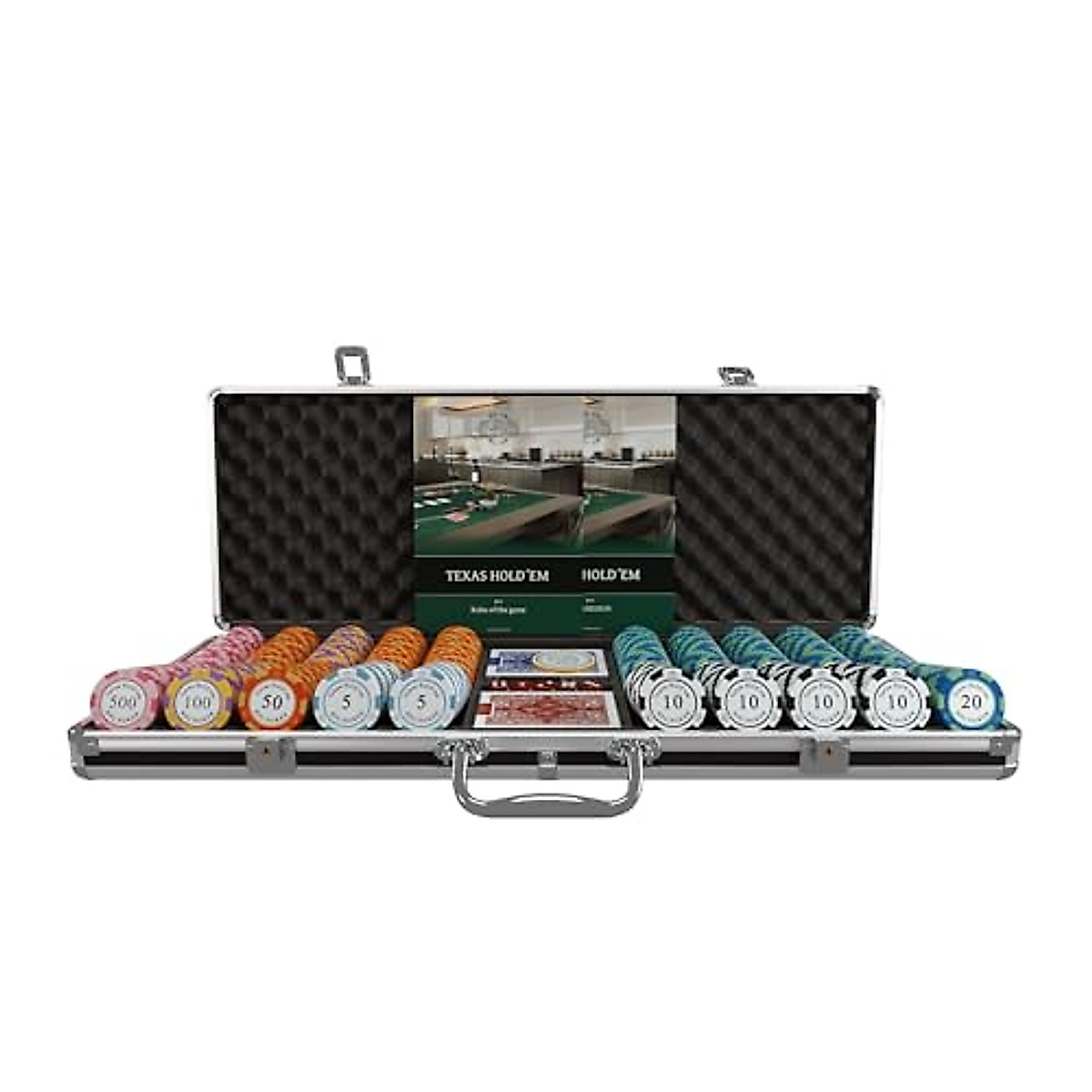 Bullets Poker Set, 2 Plastic Card, Dice, Dealer Button, Manual & Travel Case – with Case for Texas Hold’em, Casino Games, & Prominence – Ideal Poker Set with Chips and Cards, 500 Clay 'Carmela' Chips.