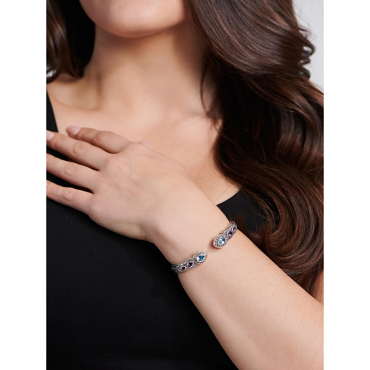 DEVATA Sterling Silver 925 and 18K Gold with Citrine Bali Filigree Cuff Bracelet DHK3226ACT (Size M)