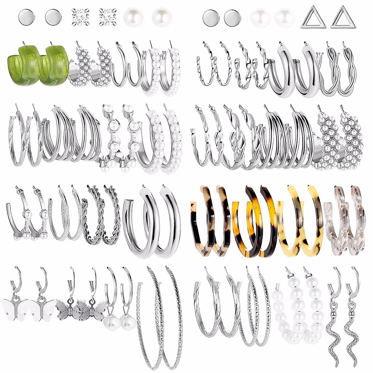 30 Pairs Gold Hoop Earrings Set for Women, Fashion Hoop Stud Drop Dangle Earrings Boho Statement Paperclip Hypoallergenic Earrings for Christmas Jewelry Gift (2-38-sliver)