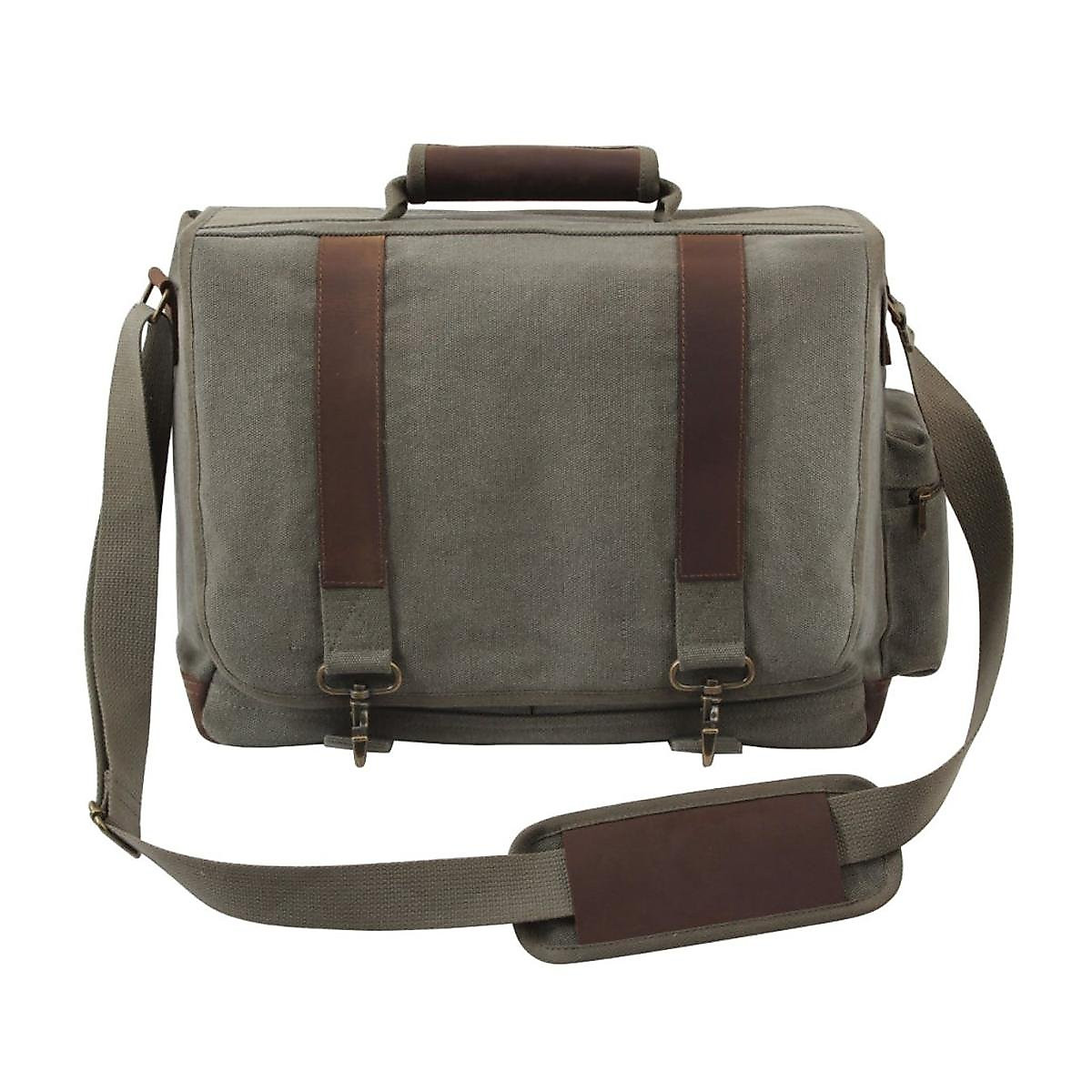Rothco Vintage Canvas Pathfinder Crossbody Laptop Shoulder Bag With Leather Accents,Olive drab