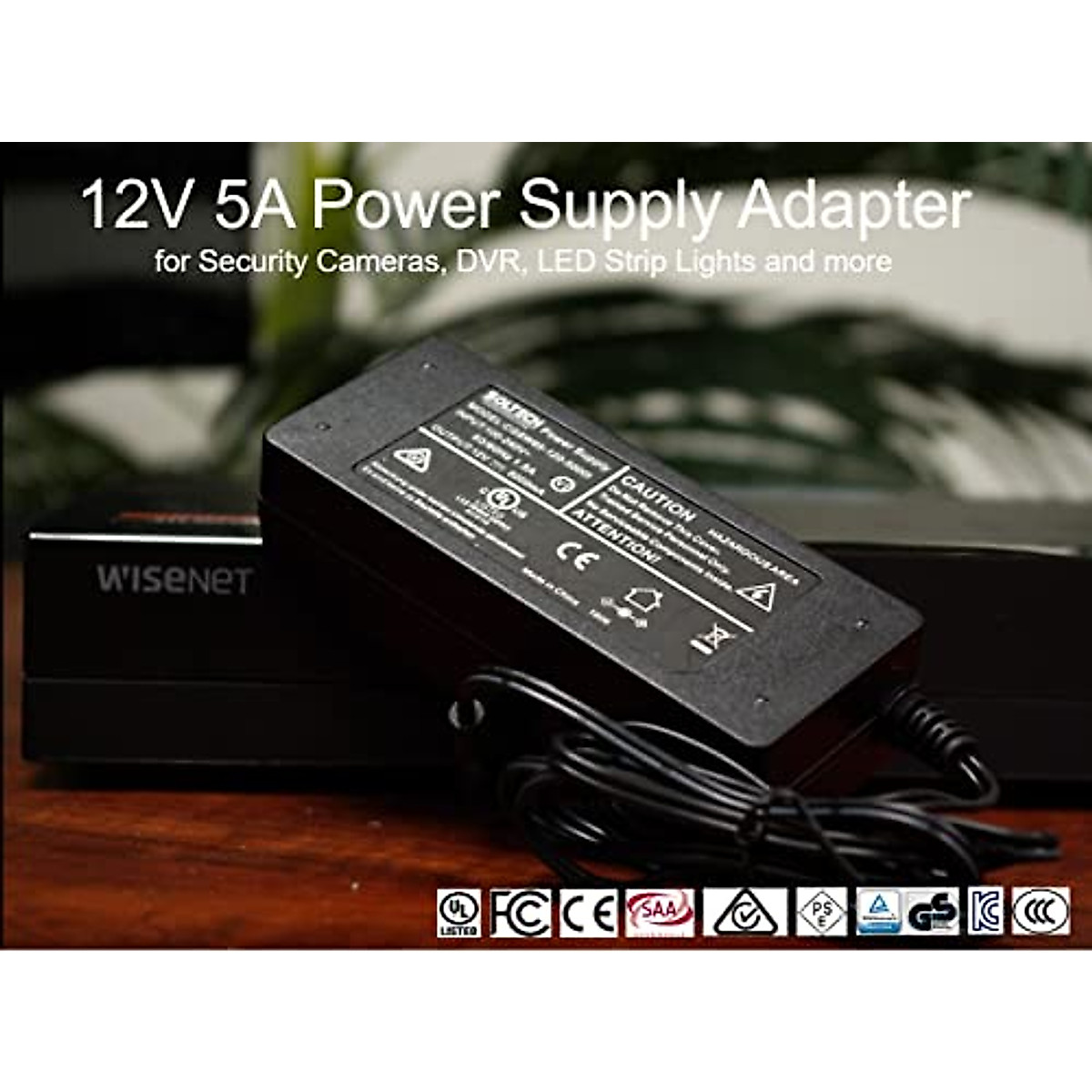 SOLTECH 12V 5A CCTV Adapter, Wisenet Compatible Security Camera Power Supply with 8-Way Splitter, AC DC Converter 100-240V to 12V 5A 60W Transformer, with Samsung Wisenet, Night Owl, Q-See, Black