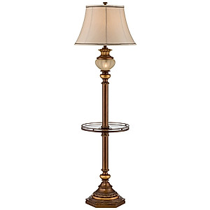 kathy ireland Hyde Park Rustic Vintage Floor Lamp with Nightlight Glass Tray 65" Tall Bronze Gold Metal Pearl White Frosted Glass Fabric Bell Shade for Living Room Reading House Bedroom Home