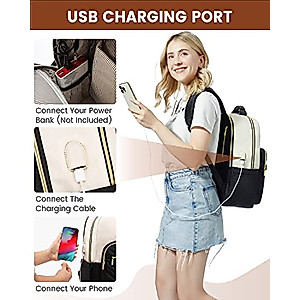 LOVEVOOK Laptop Backpack for Women, 15.6 Inch Backpack Purse with USB Port, Waterproof Travel Business Work Laptop Bag, Fashion Doctor Professor Nurse Backpack, Beige-Black