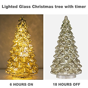 KI Store Lighted Glass Christmas Tree Figurine with Timer Set of 3 Mercury Glass Christmas Decoration Battery Operated for Centerpieces Window Tabletop Mantel