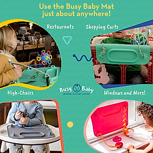 BUSY BABY Silicone Placemat-As Seen On Shark Tank-Built-in Suction Cups-4 Toy Tethers for Babies Toddlers and Kids-Food Grade Silicone-8.5 x 11 in-Comes with Travel Sleeve-Dishwasher Safe-Pewter