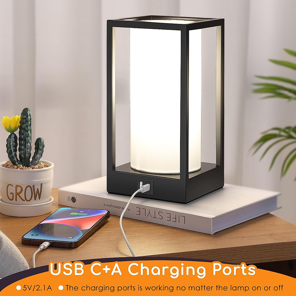 GGOYING Bedside Table Lamp,Touch Control Table Lamp with 3-Way Dimming,USB C Charging Ports,LED Bulb,Black Metal Body and White Fabric Lampshade Bedroom Lamp