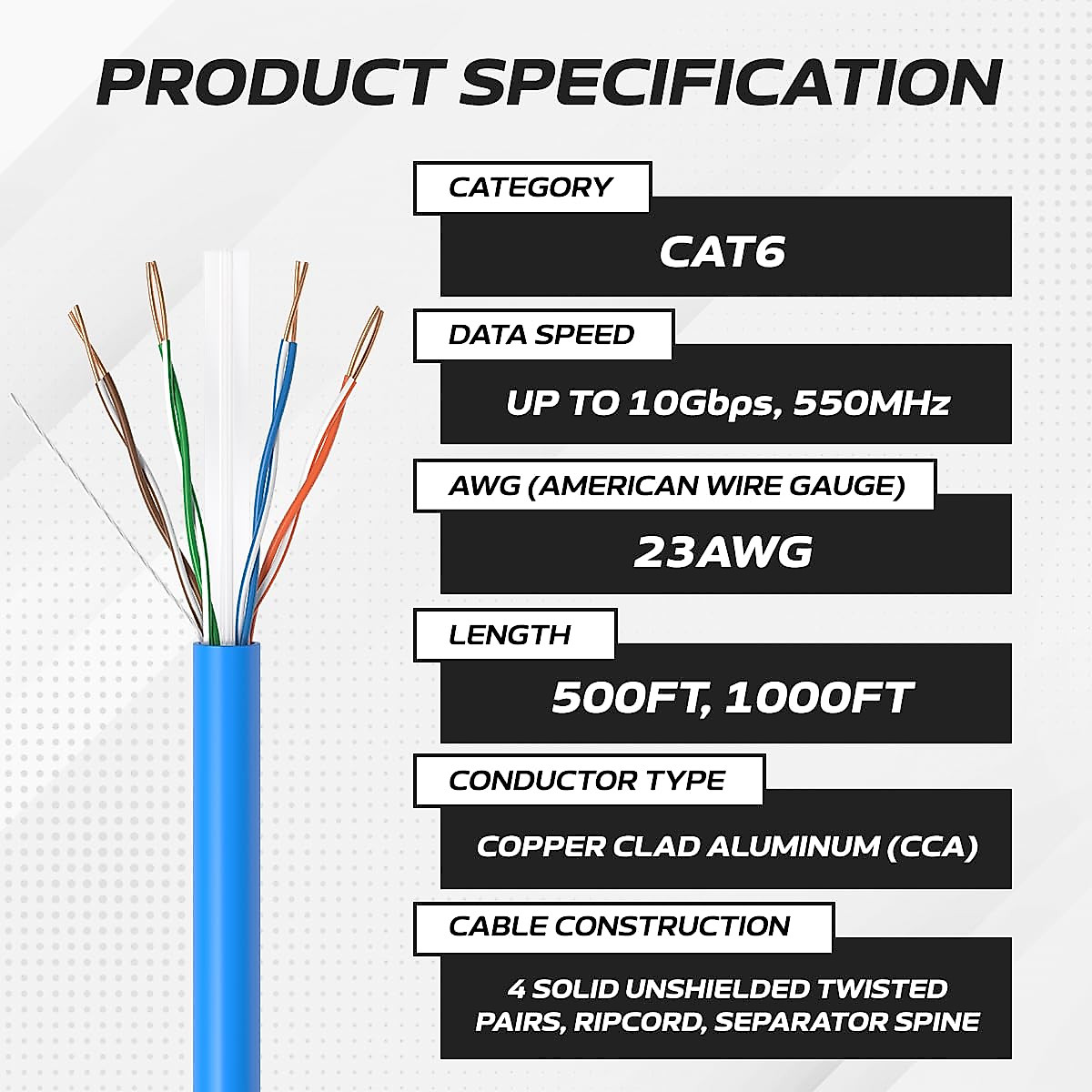 Cables Direct Online CAT6 Cable 1000ft Pull Box Solid Ethernet LAN UTP Cable 23AWG 550Mhz RJ45 Network CCA Copper Clad Aluminum Wire Bulk (Blue)