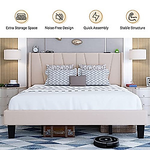 Benevika King Size Platform Bed Frame with Geometric Wingback Headboard, Wooden Slats Support, No Box Spring Needed, Easy Assembly, Gray