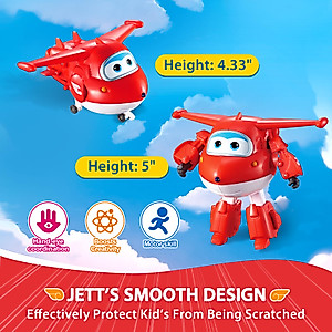 Super Wings Toys, Jett Transformer Toys 5 Inch, Airplane Toy for Kids 3-5 Years Old, Transforming from Toy Jet to Robot, Real Mobile Wheels, Birthday Party Supplies for Preschool Boys and Girls Red