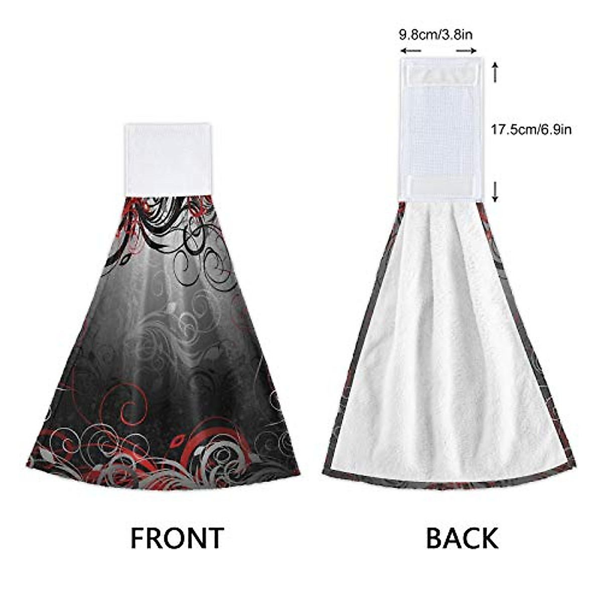 Oyihfvs Red Black Grey Floral Leaf Swirl Abstract Background 2 Pcs Hanging Kitchen Hand Towels, Hanging Tie Towels with Hook & Loop Dishcloths Sets, Decorative Absorbent Tea Bar Bath Hand Towel