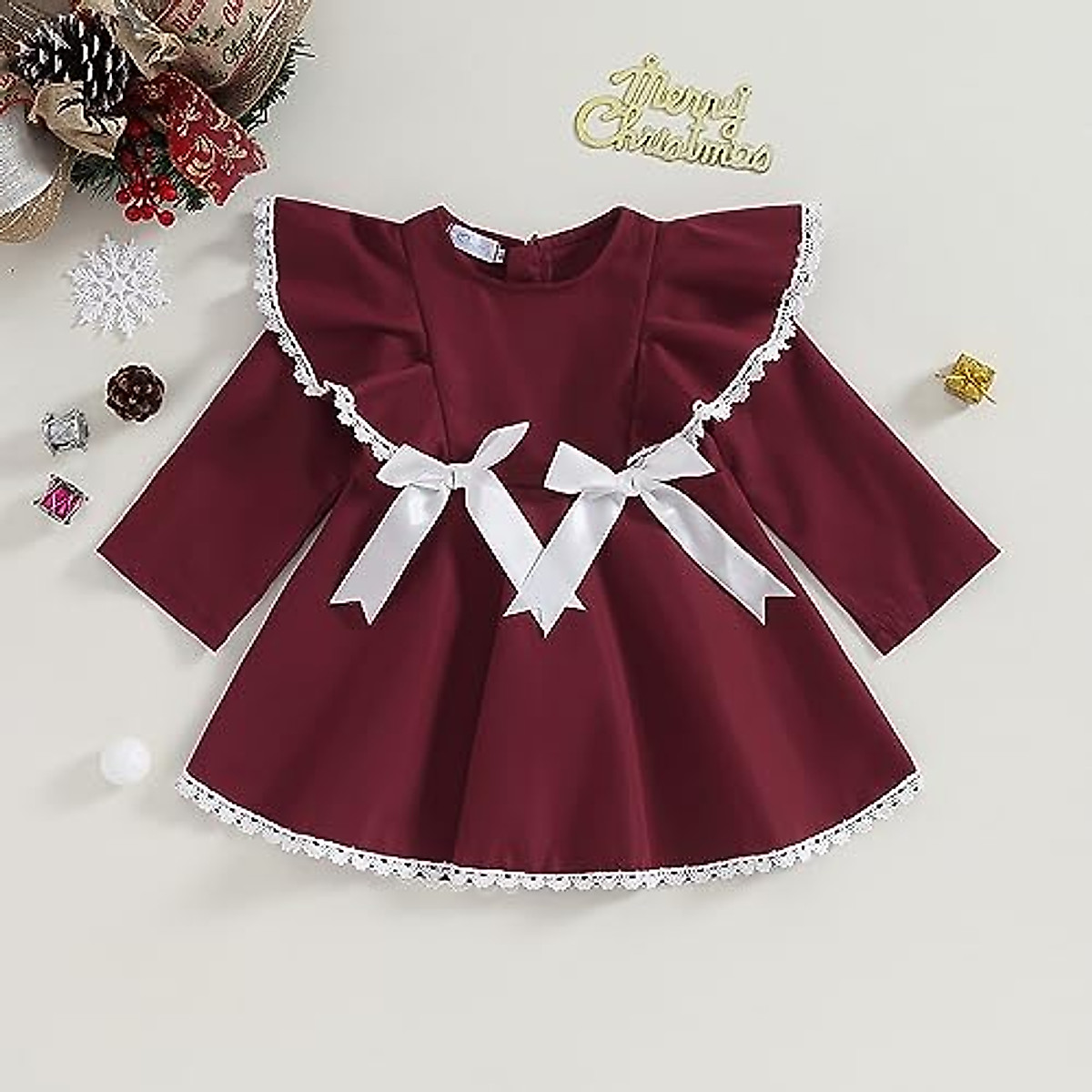 Baby Girl A Line Dress Long Sleeve Ruffles Crew Neck Lace Patchwork Bowknot Contrast Color Princess Spring Autumn (Red, 2-3 Years)