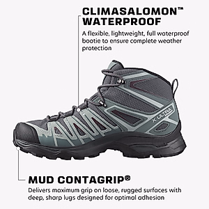 Salomon Women's X ULTRA PIONEER MID CLIMASALOMON™ WATERPROOF Hiking Boots for Women, Ebony / Stormy Weather / Wine Tasting, 6.5
