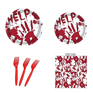 96 Pieces Bloody Good Time Party Tableware Set Halloween Zombie Skull Bloody Party Table Decorations Halloween Party Supplies Table Decorations Paper Plates Napkins Forks for 24 Guests