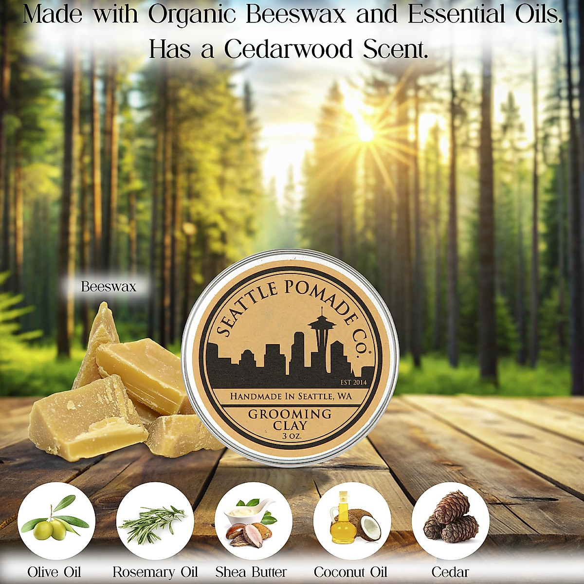 Seattle Pomade Co. Grooming Clay for Hair - USDA Certified, Made With Organic Essential Oils, Wax Based.