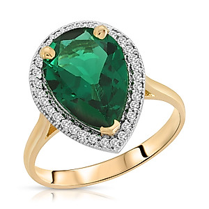 Galaxy Gold GG 3.16 Carat 14K Solid Yellow Gold Emerald with Natural Diamonds Halo Ring Brilliant Pear Tear Drop Shape Cut Round Diamonds Anniversary Engagement Promise Ring (7.5)