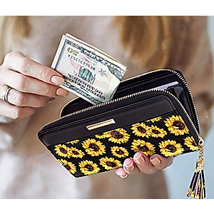 Women Wallets Multi Card Case Wallet Clutch Wallet Card Holder Organizer Ladies Purse Floral Tassel Wrist strap Purse,Sunflower