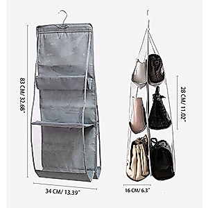 WONSHREE Hanging Handbag Organizer for Closet Wardrobe Purse Clutch Tote Bag Collection Storage Holder with 6 Clear Easy Access Pockets Over The Door Organizer,Space Saving Organizers, Grey