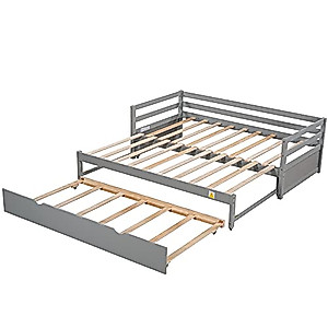 Classic Solid Wooden Daybed with Pop Up Trundle Twin to King Extendable Sofa Bed for Living Room Bedroom Guest Room Space Saving, Gray