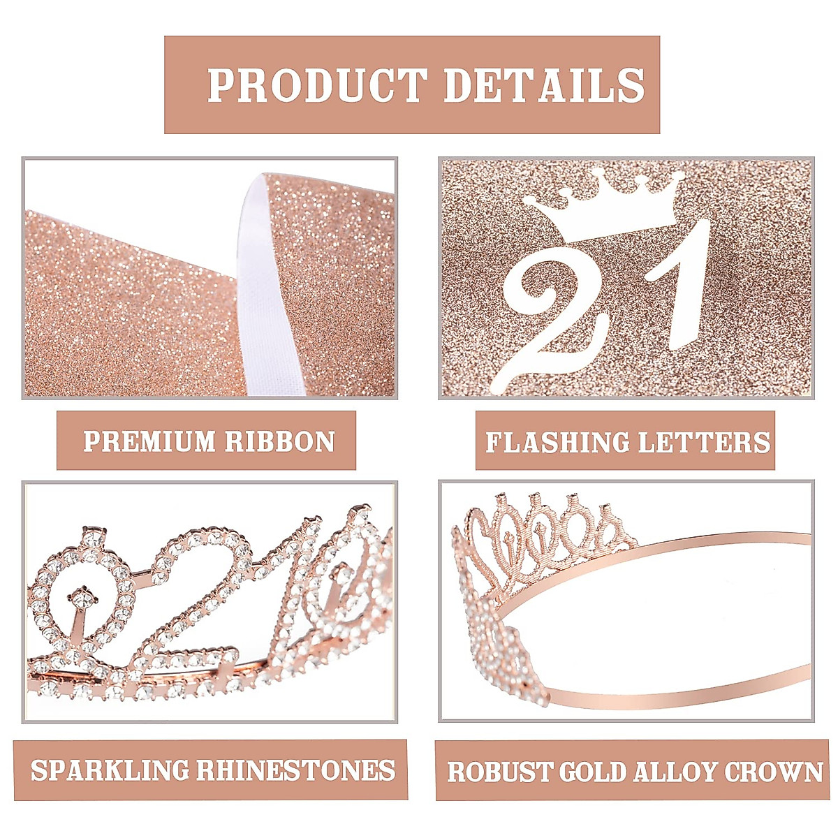 21st Birthday Decorations For Her ZJDZTK,Including Rose Gold 21st Birthday Sash,Crown,Cake Topper,Digital Candles,Balloons Set,Accompanying Birthday Card And Beautiful Gift Box