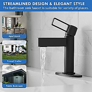 RUMOSE Black Bathroom Faucet Single Handle Bathroom Sink Faucet Basin Mixer Tap with 6 in Deck Plate for 1 & 3 Hole Waterfall Spout Bathroom Faucet Rv Lavatory Vessel Faucet, Brass, Matte Black